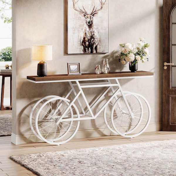 BYBLIGHT 70.9 in. White Rectangle Wood Console Table with Bicycle Metal ...