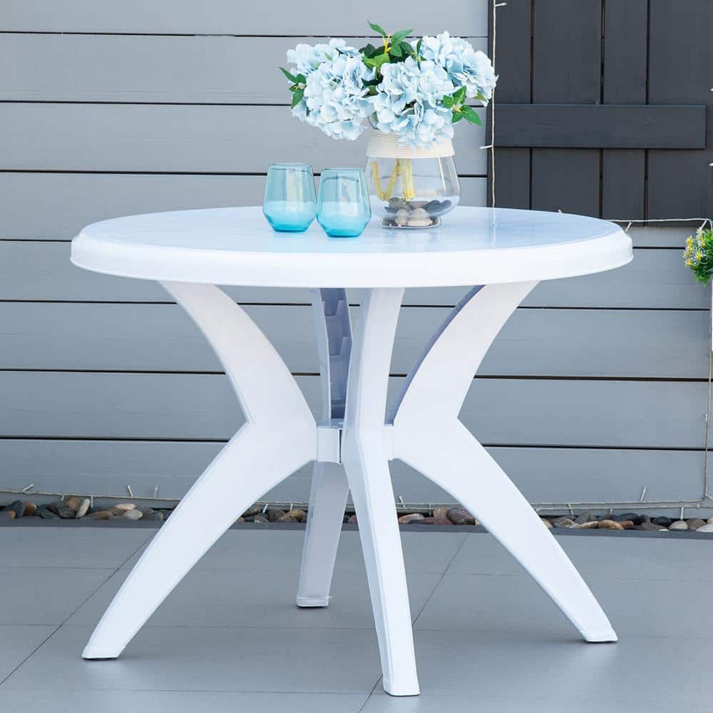 Outsunny Plastic White Outdoor Bistro Table with Umbrella Hole for ...