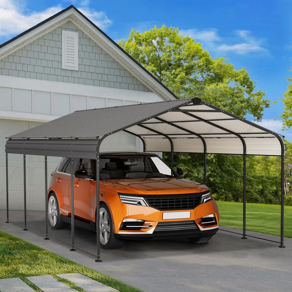12 ft. W x 20 ft. D Heavy Duty Metal All Weather Carport Garage Galvanized Car Shelter for Car ...