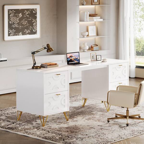 Moronia 59 in. Rectangle White Computer Desk Wood Computer Desk with Drawers Study Table Vanity Desk with Gold Legs