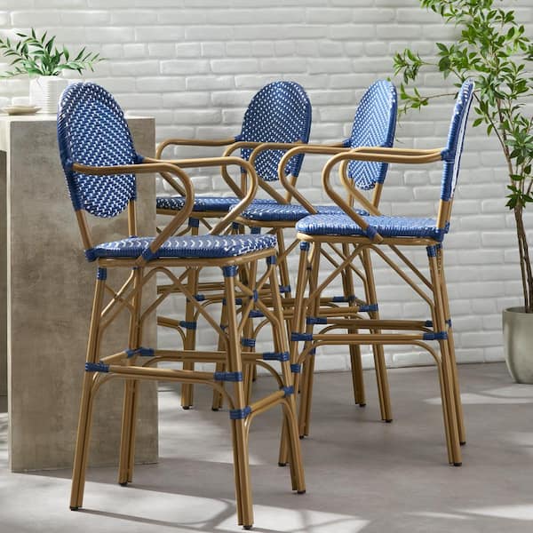 Noble House Ladieu Aluminum and Wicker Outdoor Patio Bar Stool Navy Blue and White 4 Pack 110189 The Home Depot