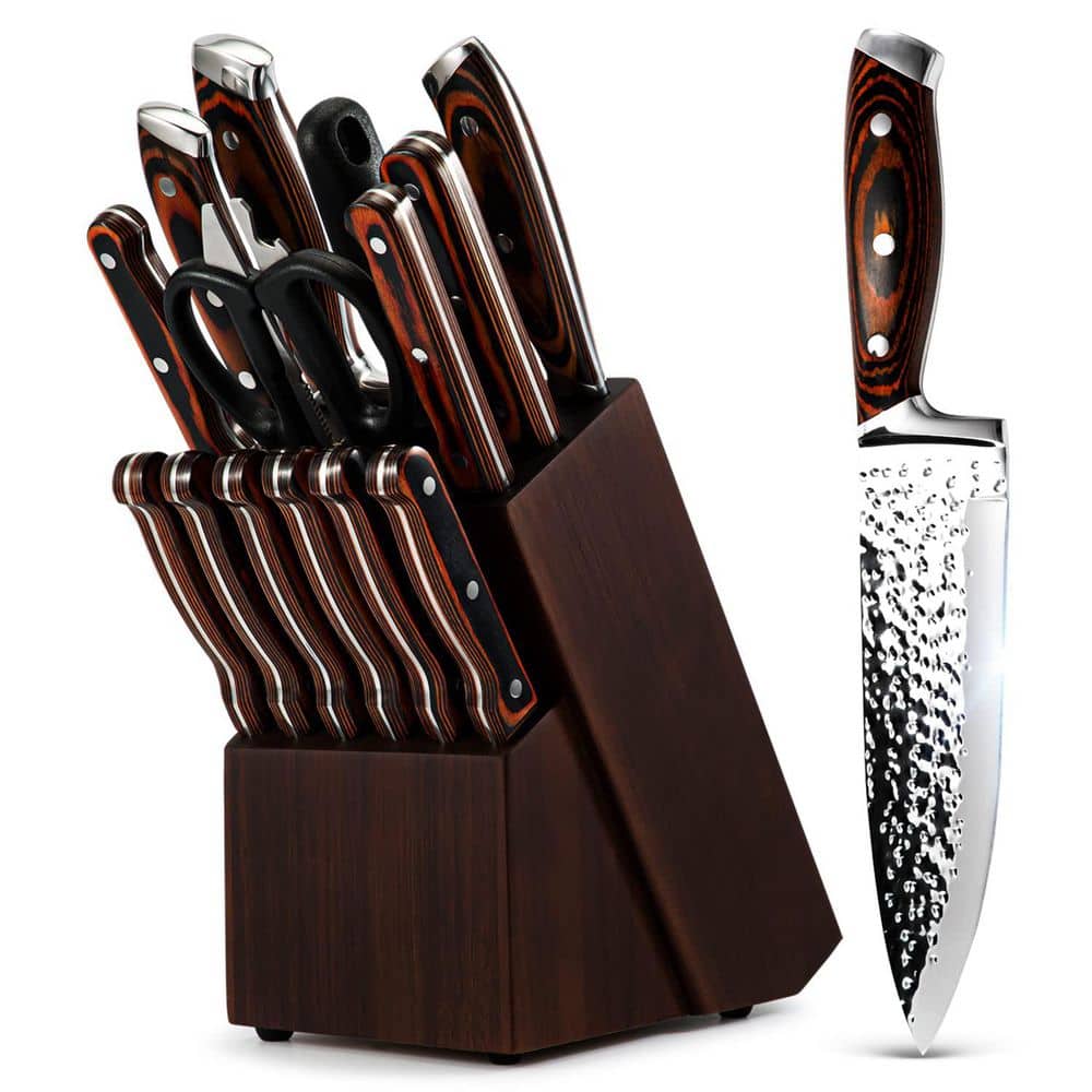 Numhew 15-Piece Stainless Steel Kitchen Knife Set with Wooden Block and Self Sharpening R0V5I9Q7 ...