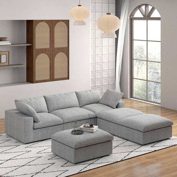 Magic Home 118 in. Square Arm 6 Piece Linen L shaped Sectional Sofa Cloud Couch in Gray with Ottoman MH 121LG S3 1