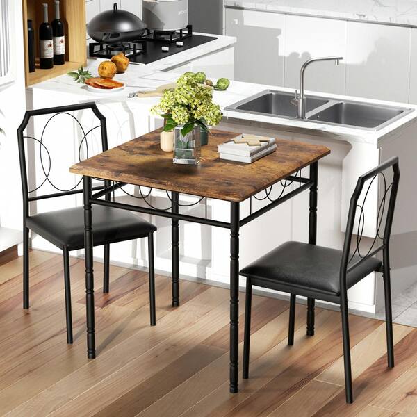 VECELO Square Dining Table Set 27.5 in. L Brown Wooden Marble Texture Dining Table with 2 Chairs Set For 2 KHD MX TC12A BRN The Home Depot