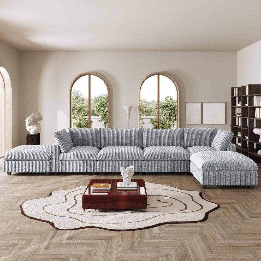 J&E Home 157.48 in. Square Arm 6-Piece Rabbit Velvet Plush Modular Free ...