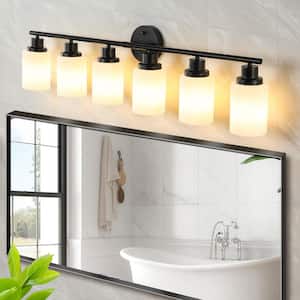 LINJO 39 in. 6-Light Brushed Nickel Vanity Light with White Glass Shade ...