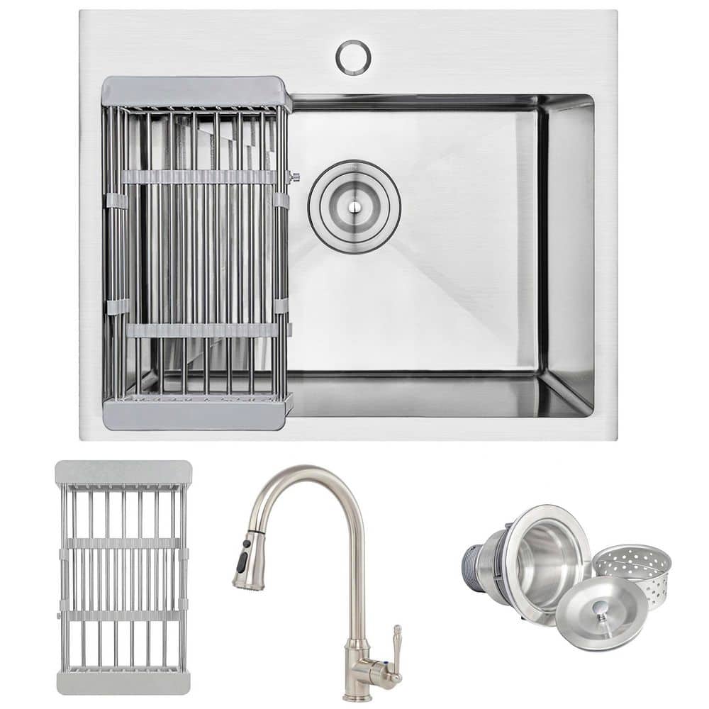 AKDY All-in-One 25 in. x 22 in. Drop-in Single Bowl Stainless Steel ...