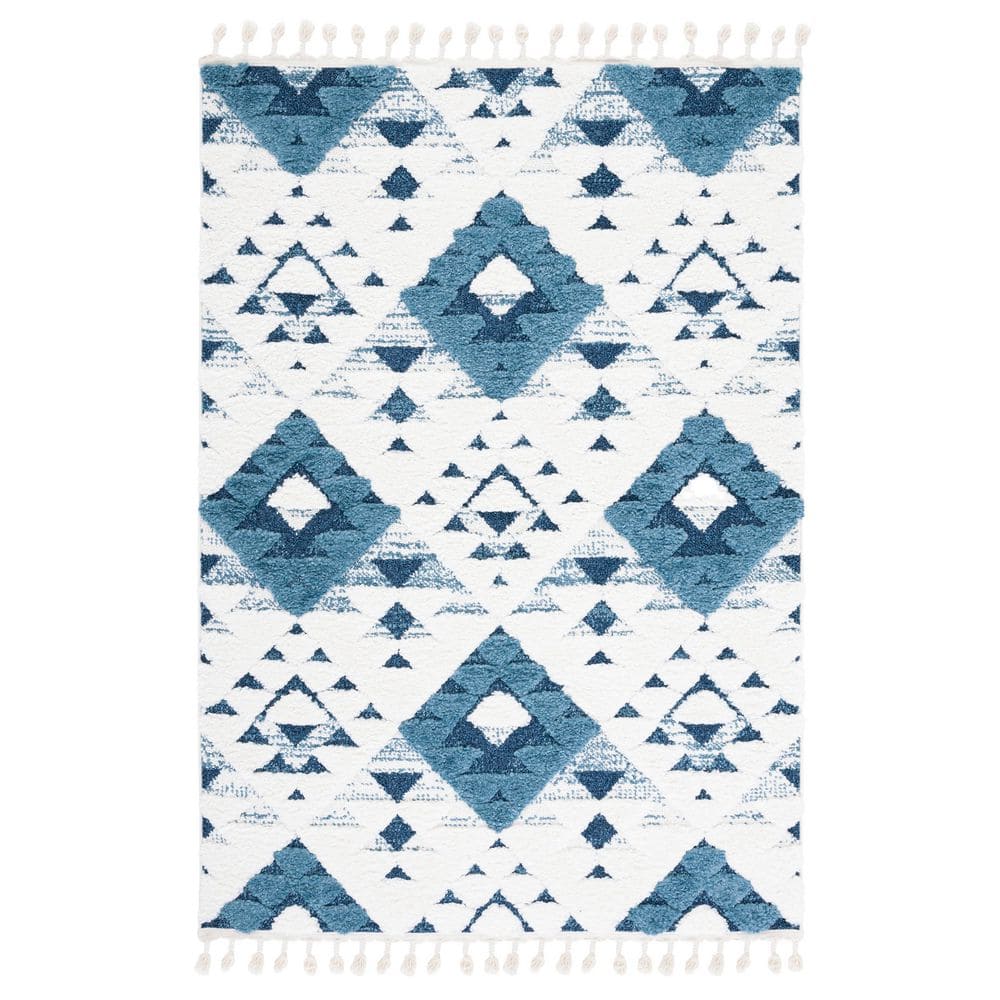 SAFAVIEH Moroccan Tassel Shag Blue/Ivory 3 ft. x 5 ft. High-Low ...
