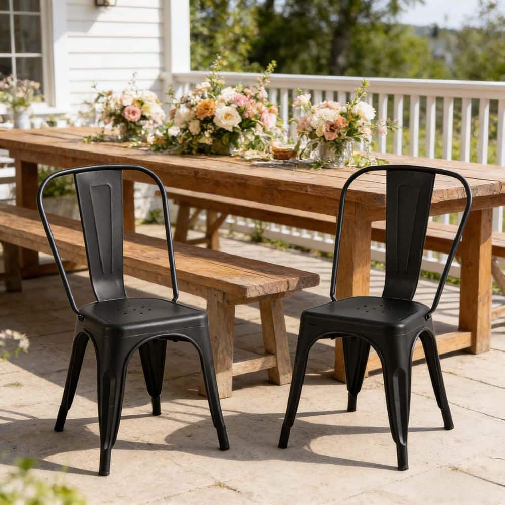 Indoor/Outdoor Stackable Metal Dining Chairs in Matte Black (Set of 2 ...
