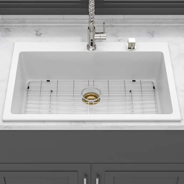 Dueyeeri 33 in. Drop-In Single Bowl White Quartz Kitchen Sink with ...