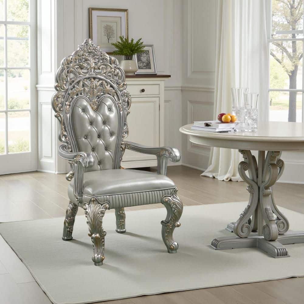 Benjara Dove Beige Faux Leather with Rubber Pads Dining Armchair Set of ...