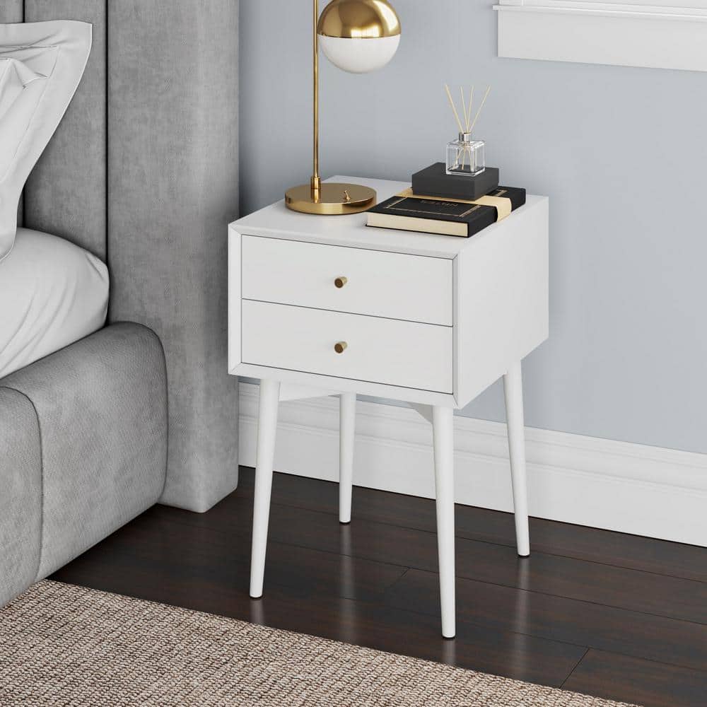 Nathan James Harper White Nightstand with 2-Drawer Wooden Side Table or ...