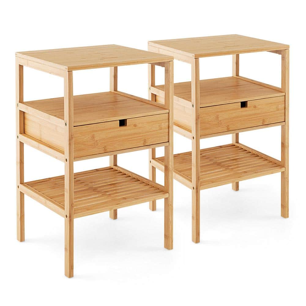Gymax Natural 1 Pull-out Drawer Bamboo Nightstands Set of 2 w/Storage ...