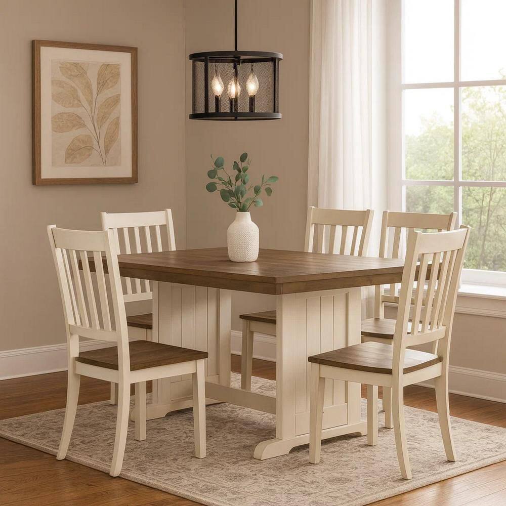 Benjara Dean Off White and Light Brown Wood 60 in. Sled Base Dining ...