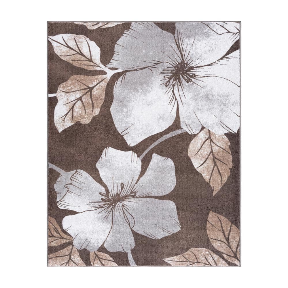 CAMILSON Grey/Brown 2 ft. x 3 ft. Non-Skid Floral Area Rug SOL100-GRY ...
