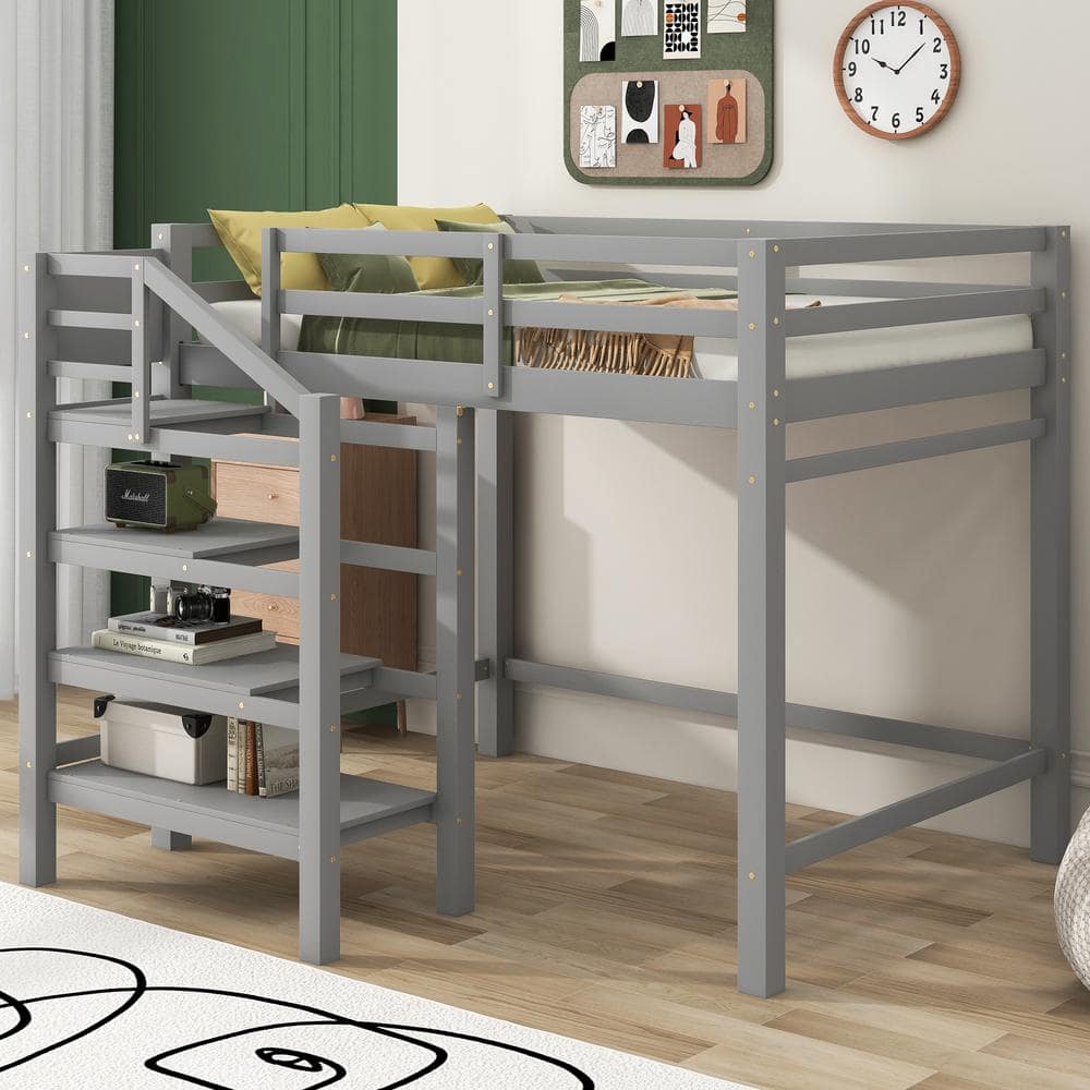 Harper Bright Designs Gray Full Size Wood Loft Bed with Built in Storage Staircase and Hanger for Clothes QHS065AAE The Home Depot
