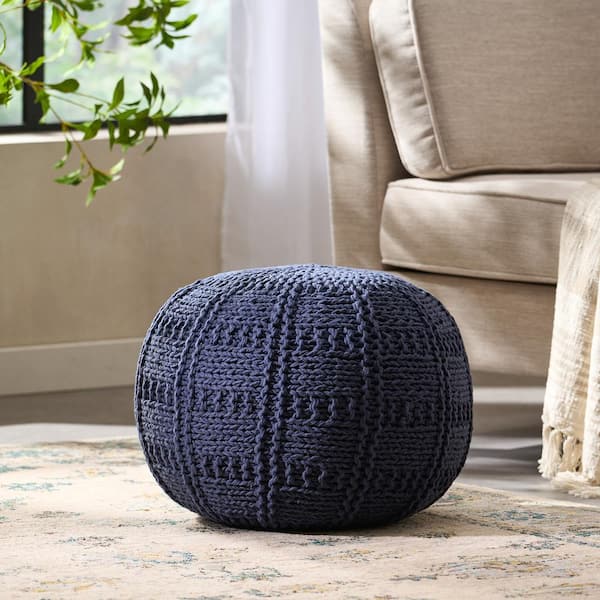 20 in. W x 20 in. D Navy Blue Cotton Round Knit Pouf for Living Room ...