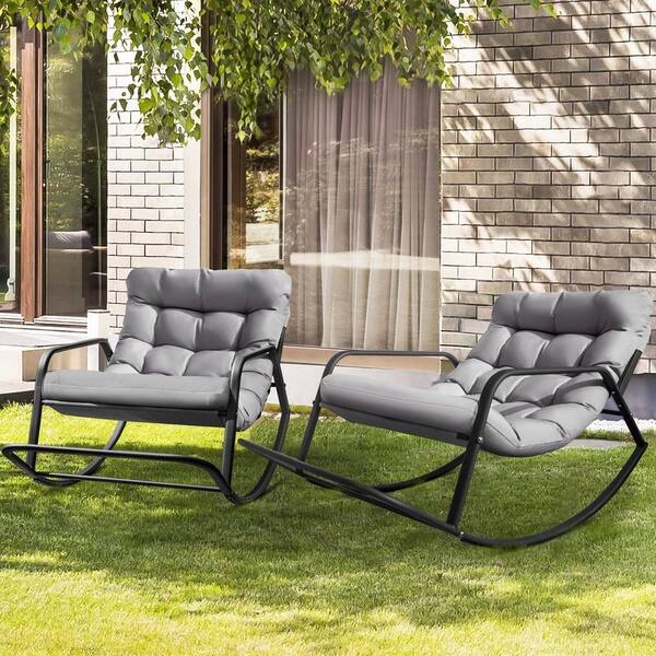 2-Pieces Oversized Metal Rocking Chair Outdoor Lounge Chair with Gray ...
