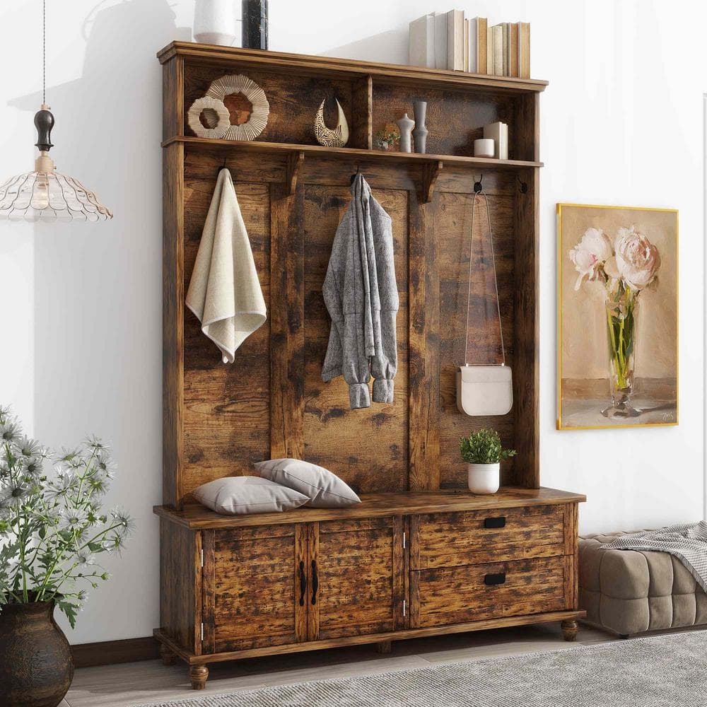Polibi Modern Style Hall Tree with Storage Cabinet and 2 Large Drawers ...