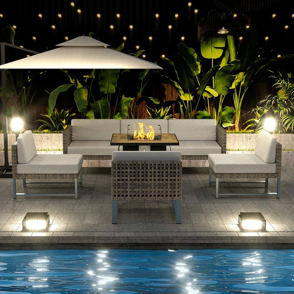 Light Brown Rattan Wicker 7-Piece Outdoor Patio Square Fire Pit ...