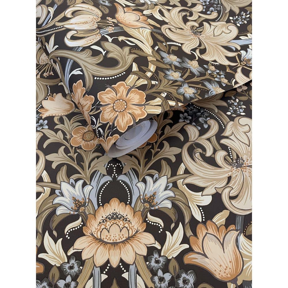 Walls Republic Charcoal and Orange Elegant Floral Damask Wallpaper ...