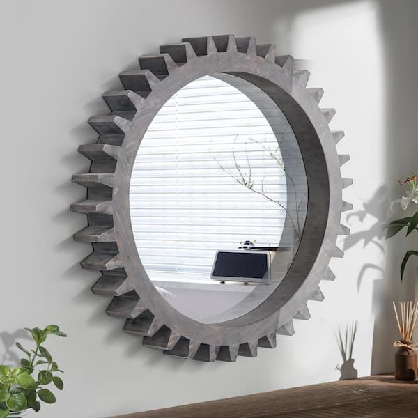 Dark Brown 42 in. W x 42 in. H Antiqued Round Wood Gear-shaped Framed ...