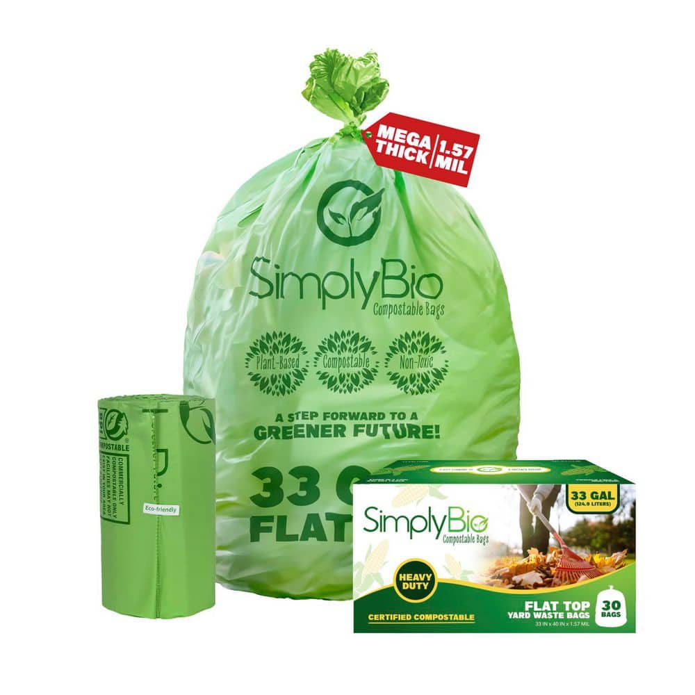 Simply Bio 33 Gal. Compostable Trash Bags, Flat Top Heavy-Duty 1.57 Mil ...