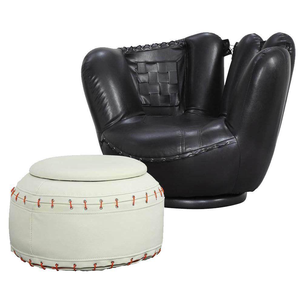 Benjara Star Black and White Chair and Baseball Shaped Ottoman (Set of ...