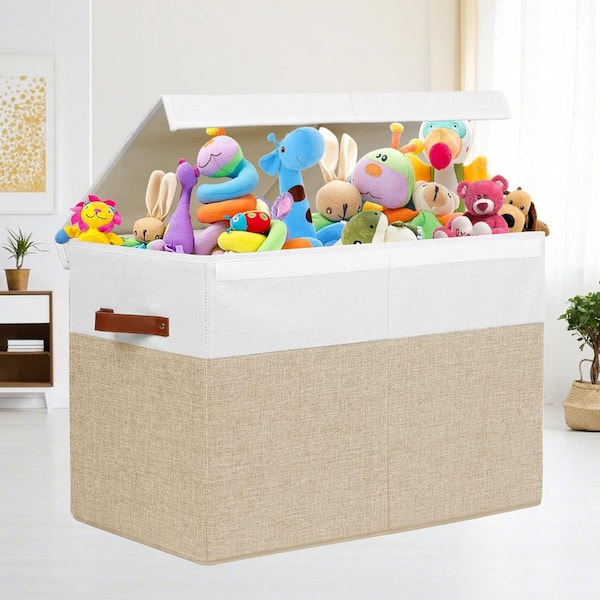 Beige 25 in. x 16 in. Polyester Decorative Basket with Lid and Handles ...