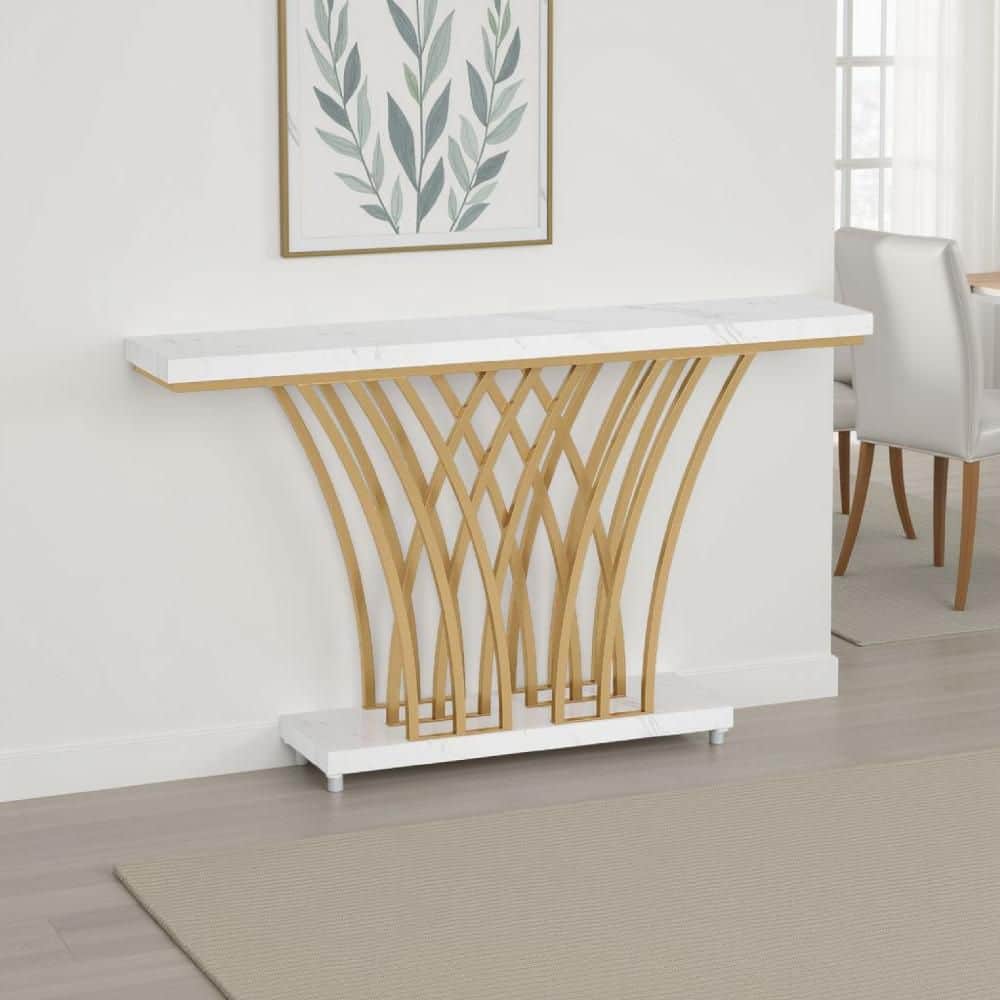 Benjara Modern 11.81 in. White and Gold Rectangle Wood Faux Marble Console Table with Sculptural ...