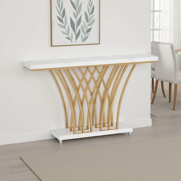 Benjara Modern 11.81 in. White and Gold Rectangle Wood Faux Marble ...