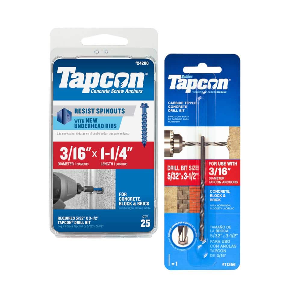 Tapcon 3/16 in. x 1-1/4 in. HWH Concrete Anchors and 5/32 in. x 3-1/2 in. Masonry Drill Bit ...