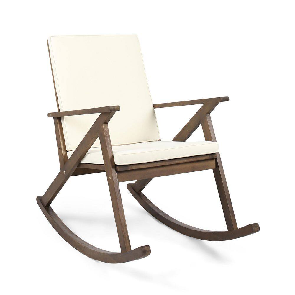 MEOOEM Brown Acacia Wood Outdoor Rocking Chair with Beige Cushions ...