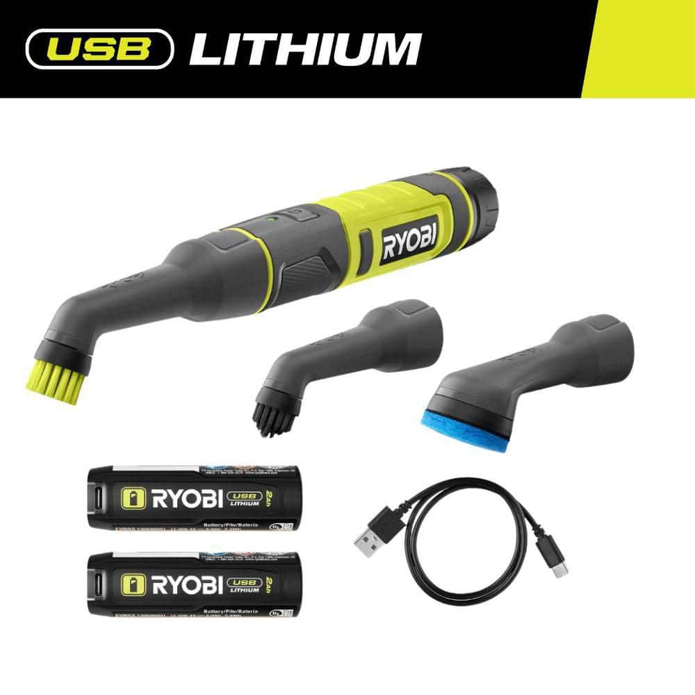 RYOBI USB Lithium Cordless Compact Detail Scrubber Kit w/ (2) 2Ah ...