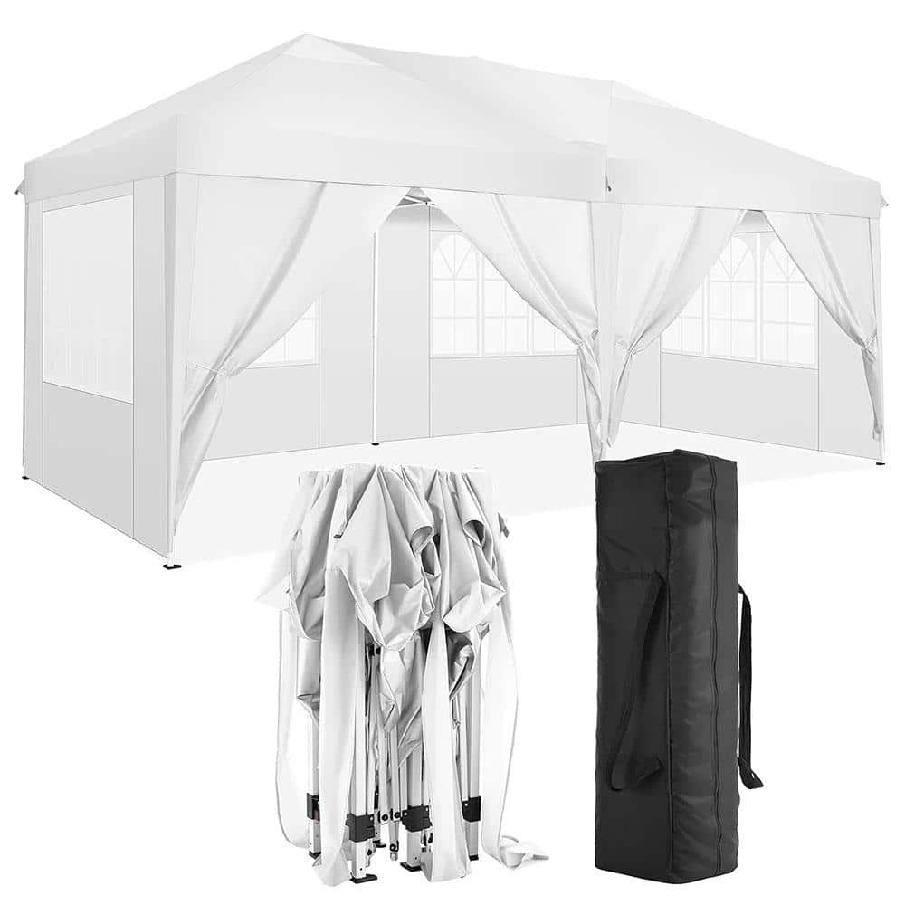 Misopily 10 ft. x 20 ft. White Folding Pop-Up Canopy, Outdoor Shelter ...