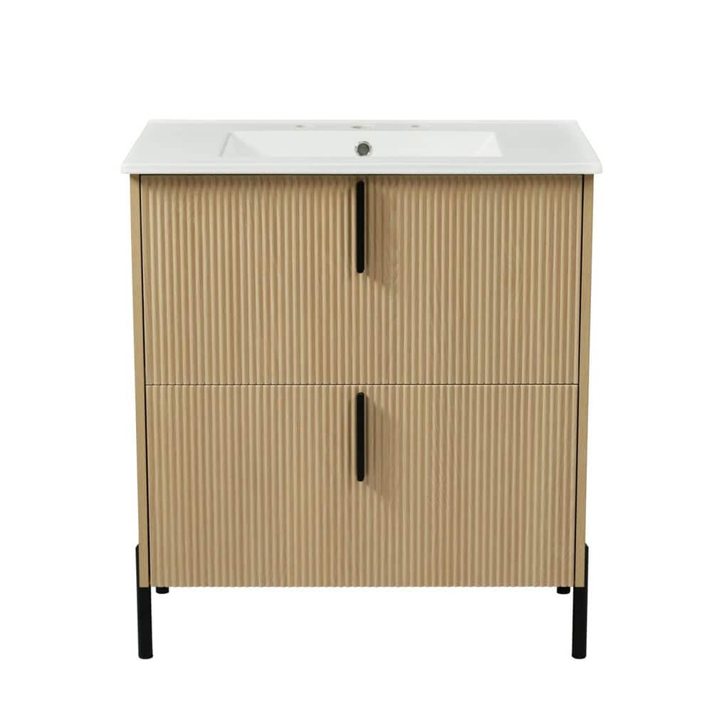 LuckByte 30 in. Natural Wood Rectangle Vessel Sink Bathroom Vanity ...