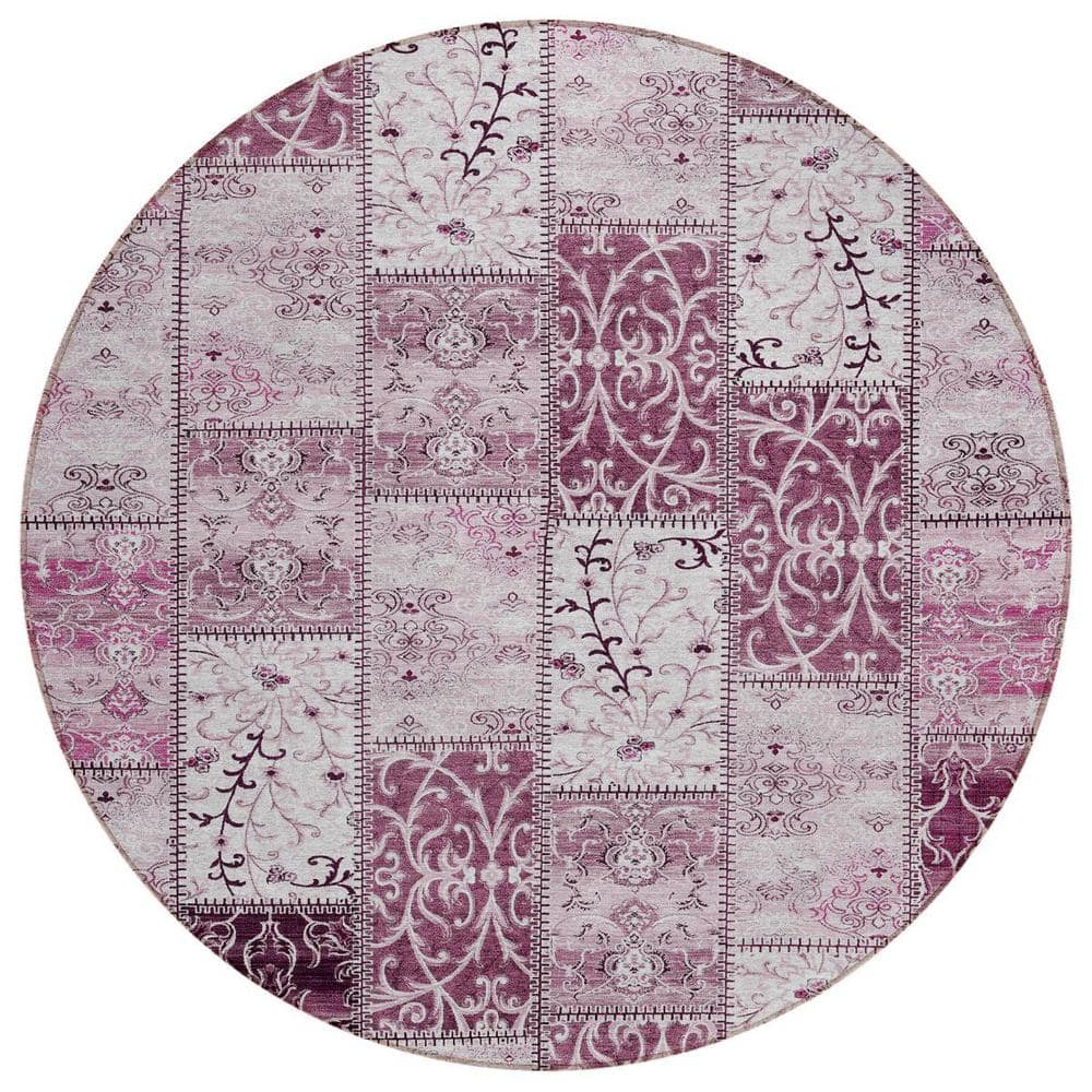 HomeRoots Mountbatten Pink 8 ft. Round Woven Plaid Round Indoor/Outdoor ...