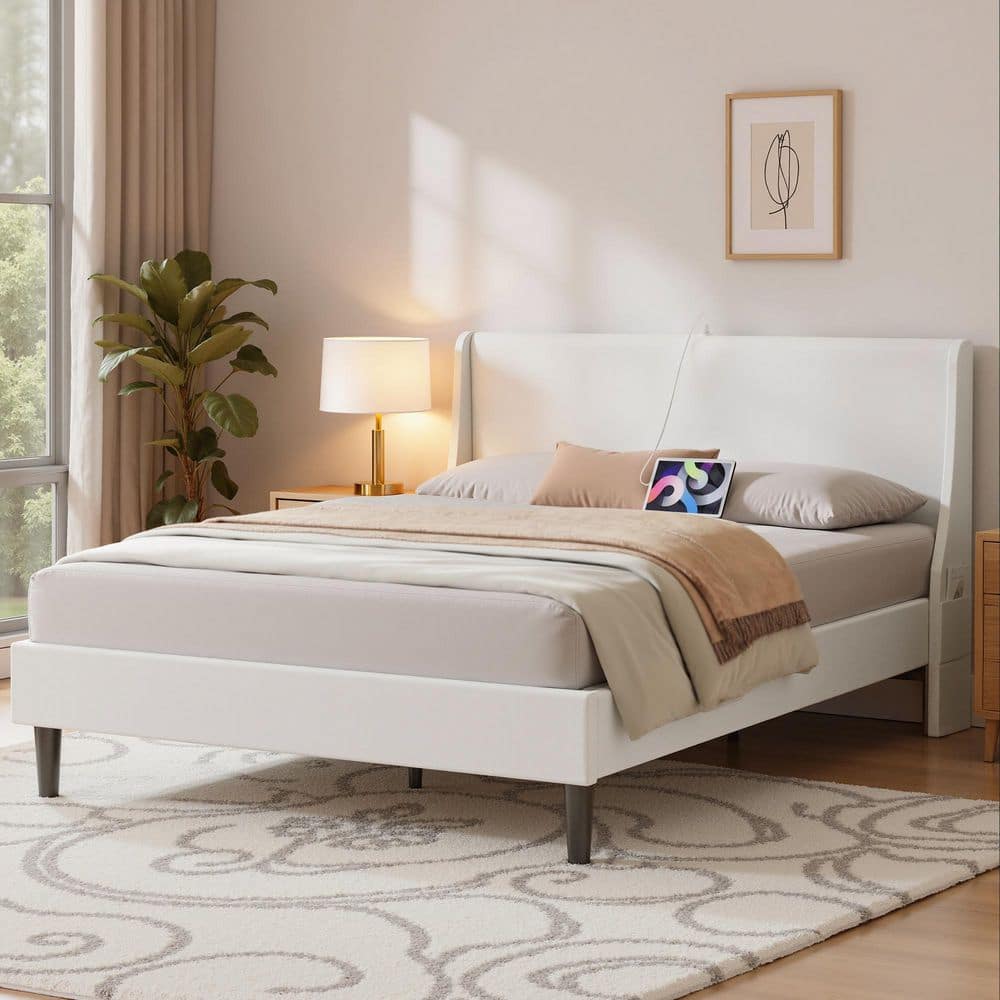 VECELO Upholstered Bed Frame White Metal Frame Full Platform Bed with ...