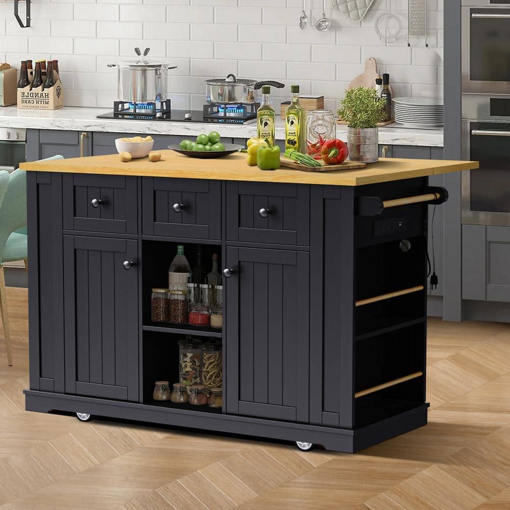 Harper & Bright Designs Black Kitchen Cart with Drop-Leaf Tabletop ...