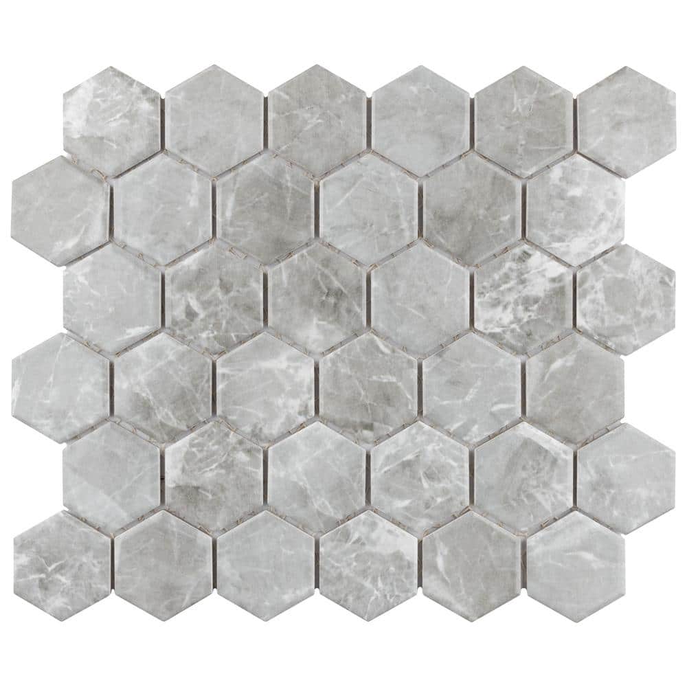 Merola Tile Flo 2 in. Hex Grey 11-1/8 in. x 12-5/8 in. Porcelain Mosaic ...