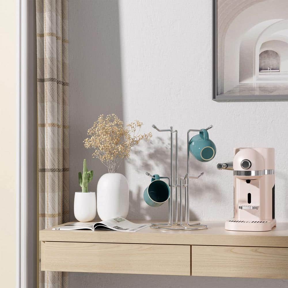 Numhew 6-Hook Silver Mug Tree for Large Mugs, Metal Standing Coffee Cup ...