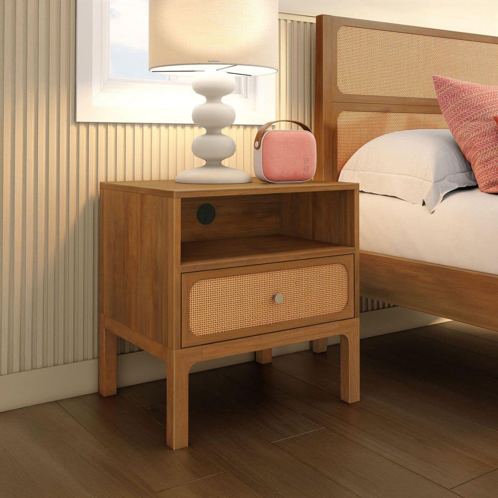 Ellis Pecan 1 Drawer 24 in. W Nightstand with Charging Station ...