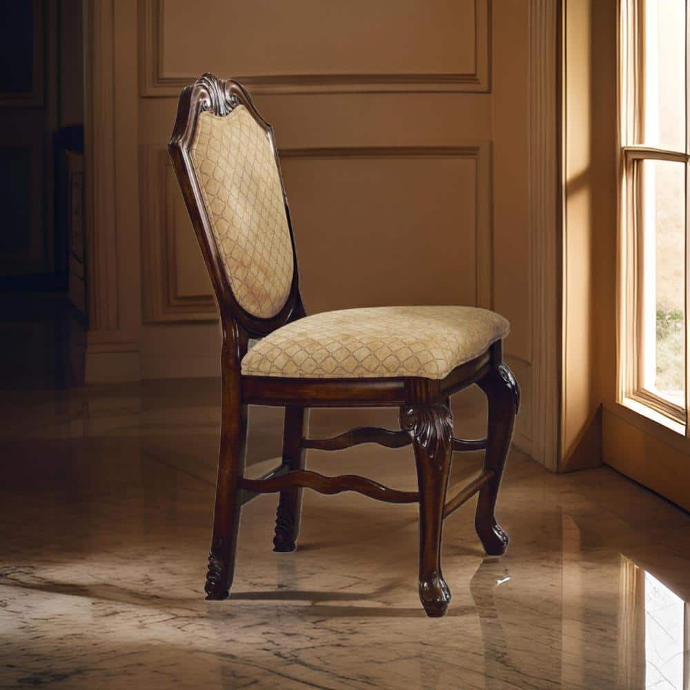 Benjara 24 in. Brown and Beige High Back Wood Frame Bar Stool with ...