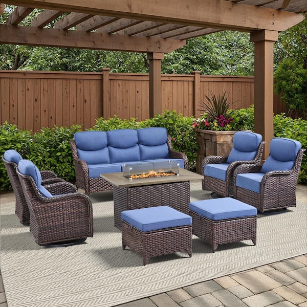 Opohoro Arcadia Brown 8-Piece Wicker Outdoor Patio Fire Pit Deep ...