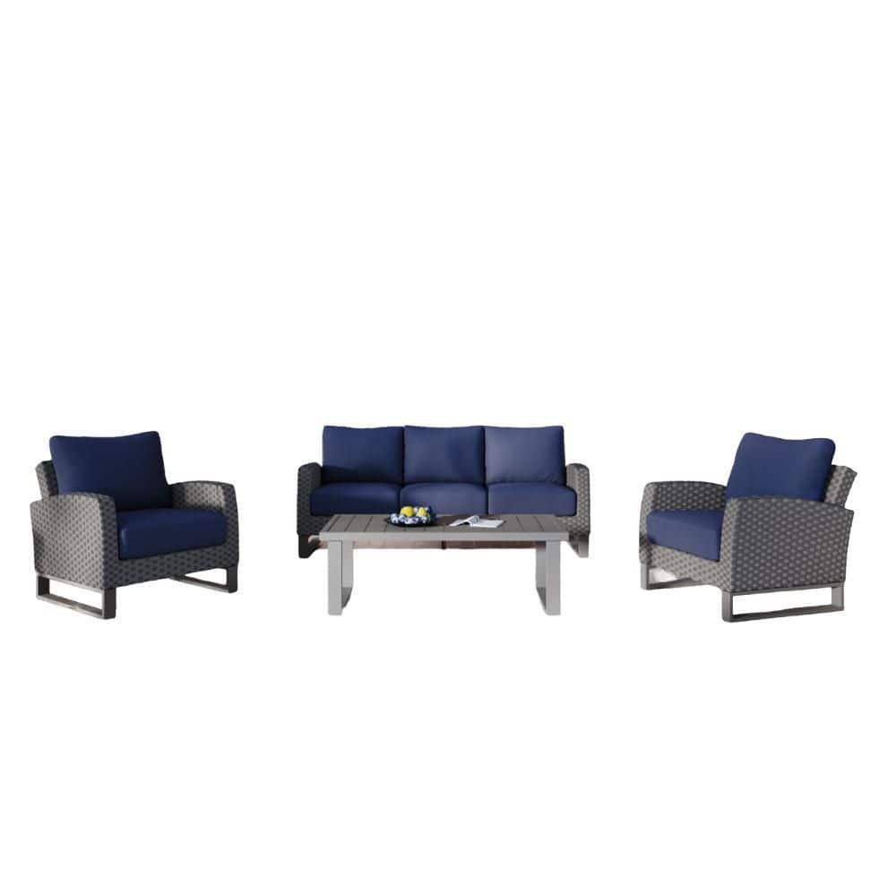 Benjara 4-Piece Metal Patio Conversation Set with Blue Cushions, 2 ...
