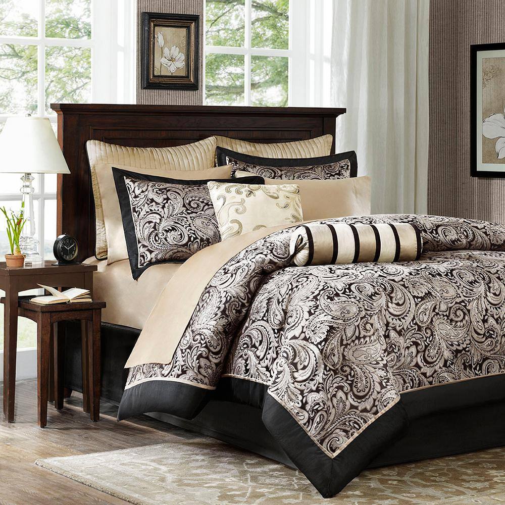 Madison Park Whitman 12-Piece Black Polyester Jacquard Queen Complete ...