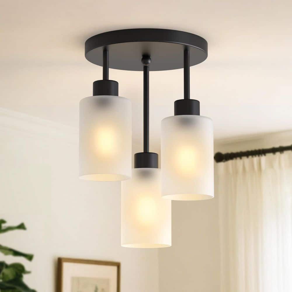 YANSUN 3-Light Black Vintage Cluster Semi Flush Mount with White Glass ...