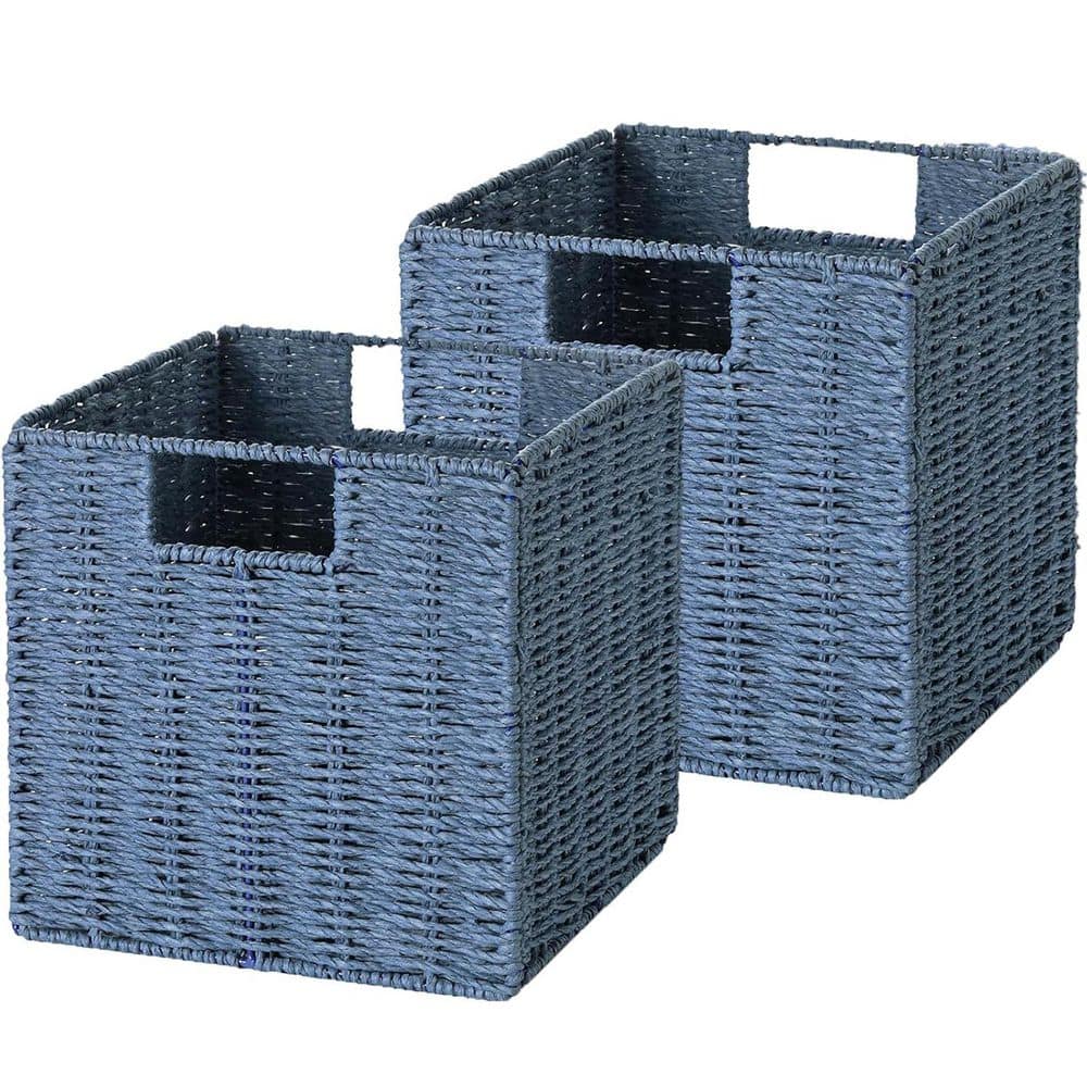 Blue 11 in. x 11 in. Paper Decorative Basket Set of 2 with Built-in ...
