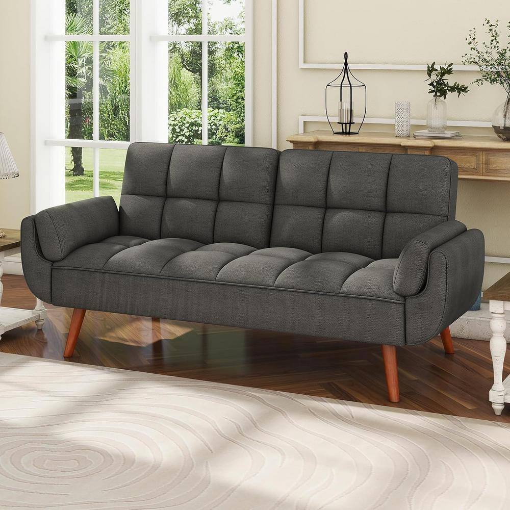 WONDER COMFORT Elegant 75 in. Dark Gray Linen Twin Size Sofa Bed Futon ...