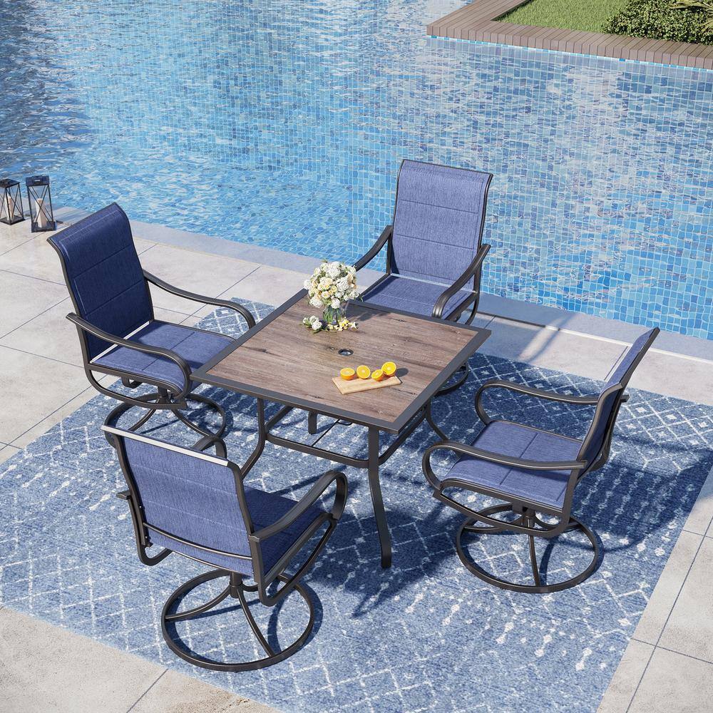 PHI VILLA Black 5-Piece Metal Outdoor Dining Set with Square Patio Table and Swivel Padded Blue ...